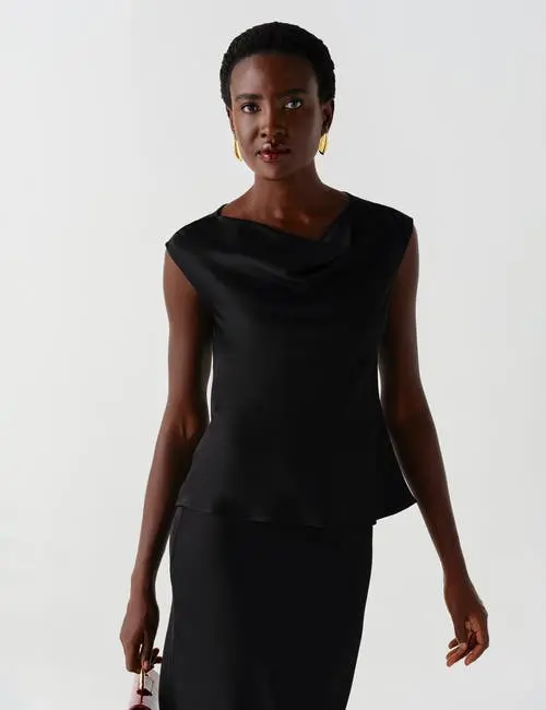 GHOST LONDON Aila Satin Cowl Neck Top - Black