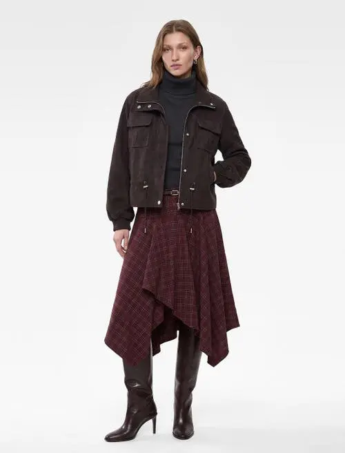 Koton Long Sleeve Funnel Neck Faux Suede Jacket - Brown