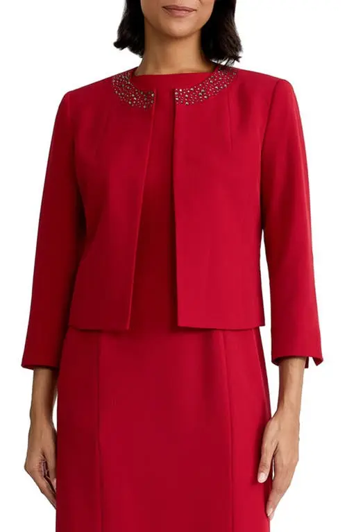 KASPER Embellished Open Front Jacket - Fire Red