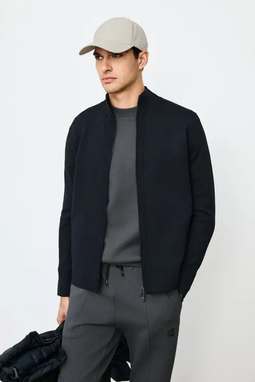 LUFIAN Two-way Zip Mock Neck Knit Cardigan - Navy