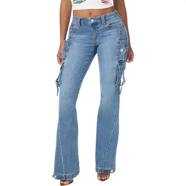 True Religion Joey Low Rise Cargo Flap Flare Jeans - Medium Wash