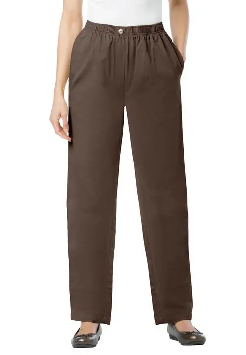 WOMAN WITHIN 7 Day Straight Leg Elastic Waist Cotton Denim Pant - Chocolate
