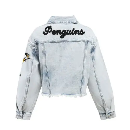 HYPE AND VICE Pittsburgh Penguins Chenille Raw Edge Cropped Full-button Jean Jacket