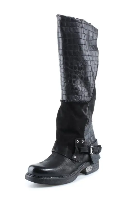 A.S.98 Perkins Croc Embossed Leather Boot - Black