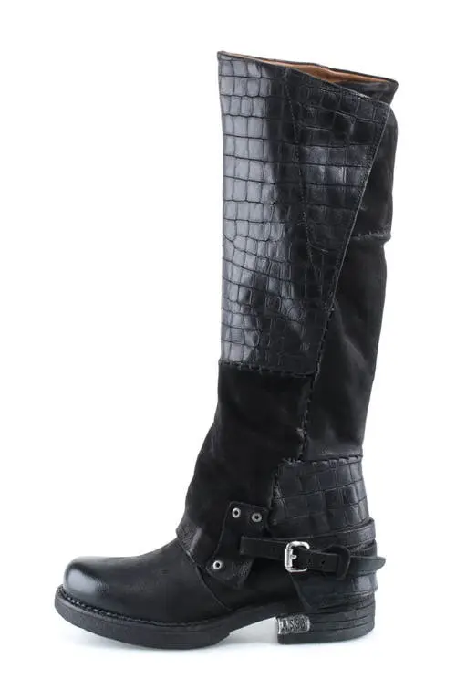 A.S.98 Perkins Croc Embossed Leather Boot - Black