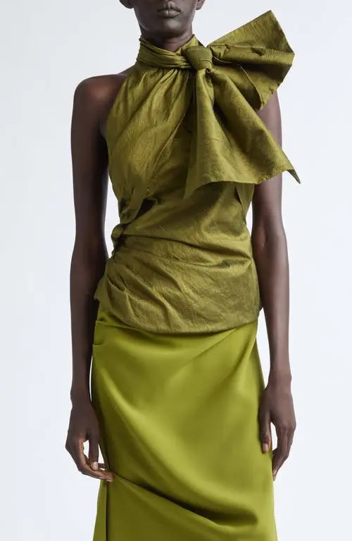 Christopher John Rogers Bow Neck Silk Halter Top - Callaloo