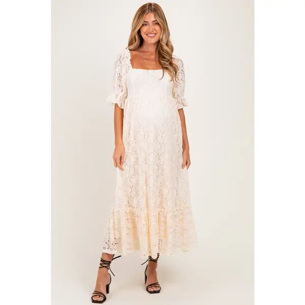 PINKBLUSH Lace Square Neck Maxi Dress - Beige