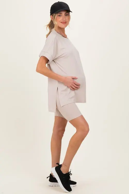 PINKBLUSH Beige Hi-low Short Sleeve Tee Biker Short Set