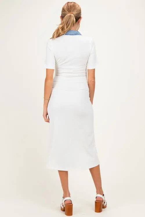 PINKBLUSH White Denim Contrast Collar Knit Midi Dress