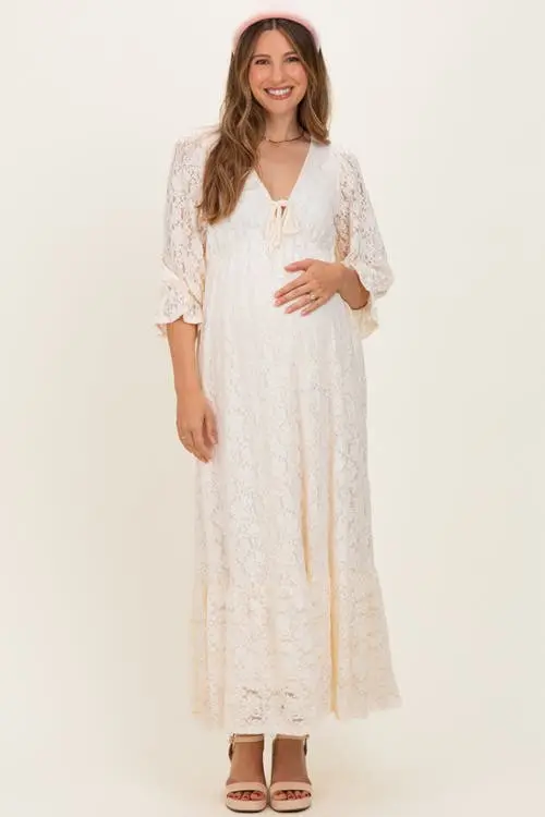PINKBLUSH Floral Lace 3/4 Ruffle Sleeve V-neck Maxi Dress