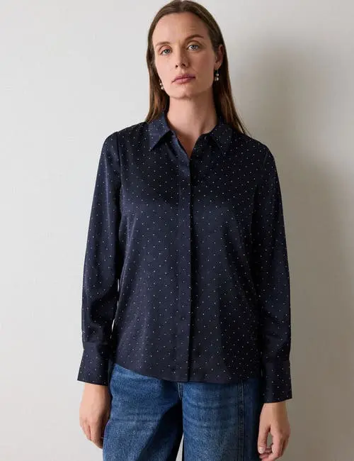 Whistles Hot Fix Hammered Studded Satin Shirt - Navy