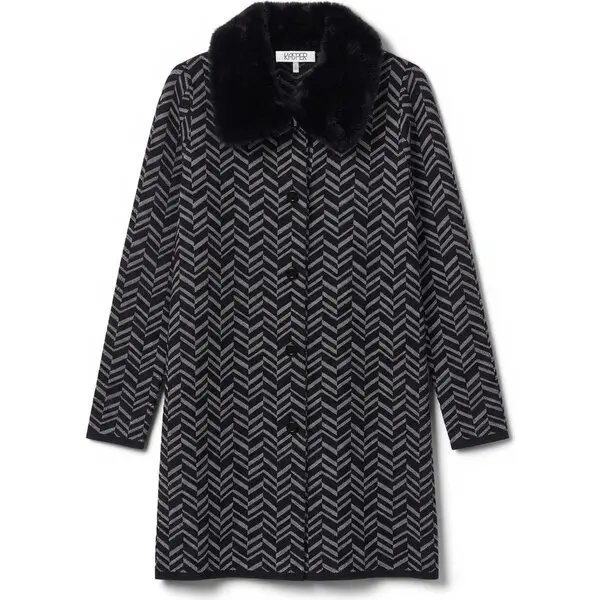 KASPER Faux Fur Collar Herringbone Cardigan - Black/silver