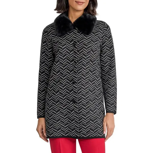 KASPER Faux Fur Collar Herringbone Cardigan - Black/silver