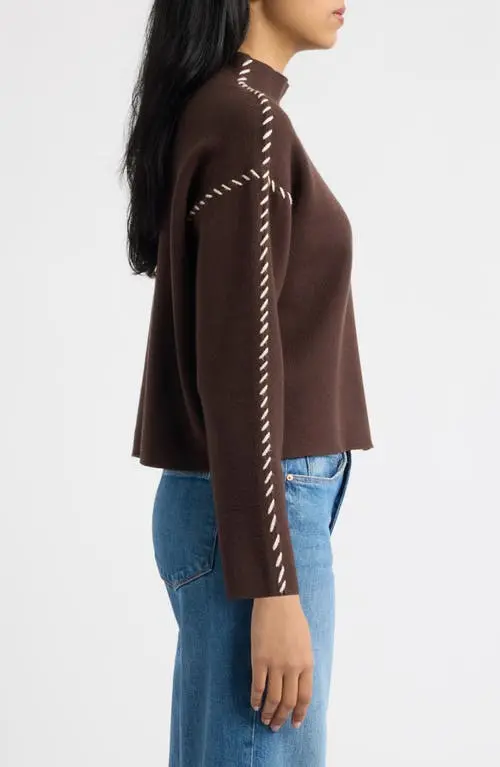 ZOE AND CLAIRE Whipstitched Mock Neck Sweater - Chocolate