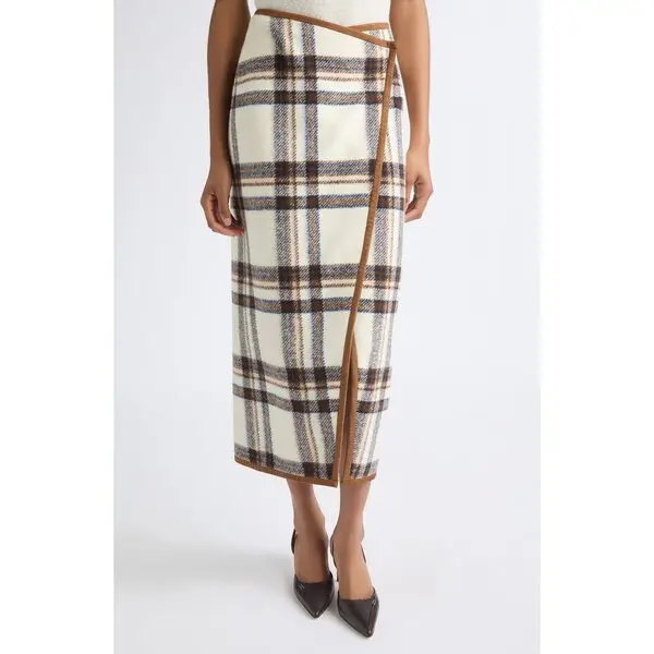 TOCCIN Leia Plaid Faux Leather Trim Wrap Midi Skirt