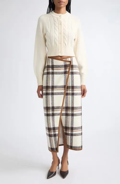 TOCCIN Leia Plaid Faux Leather Trim Wrap Midi Skirt
