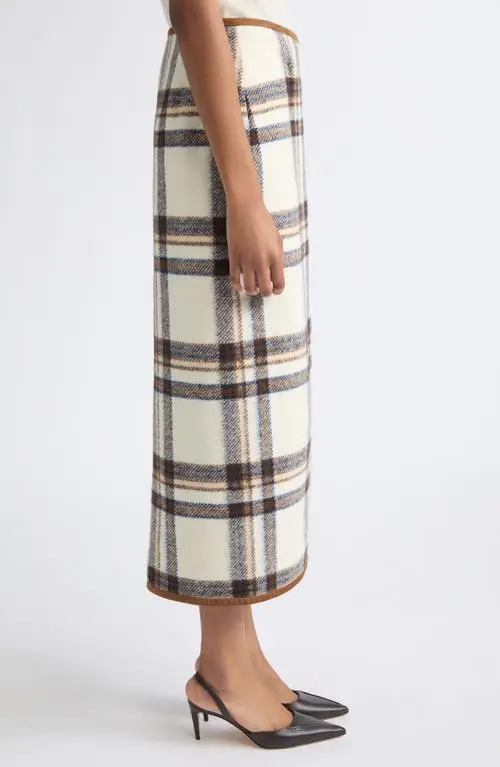 TOCCIN Leia Plaid Faux Leather Trim Wrap Midi Skirt