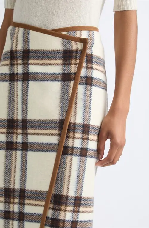 TOCCIN Leia Plaid Faux Leather Trim Wrap Midi Skirt
