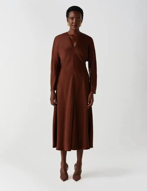 GHOST LONDON Hatty Long Sleeve Satin Midi Dress - Brown