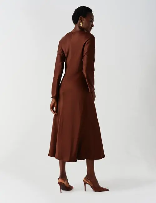 GHOST LONDON Hatty Long Sleeve Satin Midi Dress - Brown