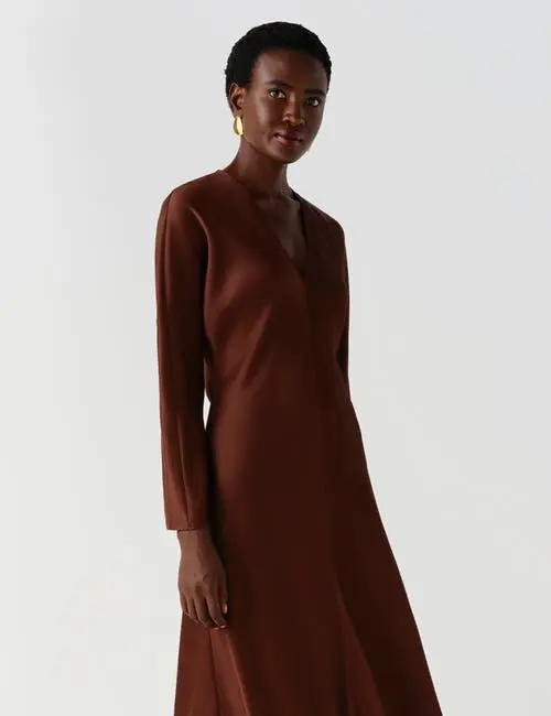 GHOST LONDON Hatty Long Sleeve Satin Midi Dress - Brown