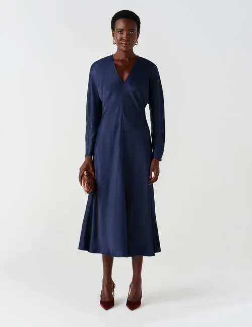 GHOST LONDON Hatty Long Sleeve Satin Midi Dress - Navy