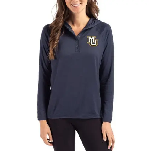 Cutter & Buck Marquette Golden Eagles Coastline Epic Comfort Recycled Hooded Raglan Quarter-snap Shirt - Navy