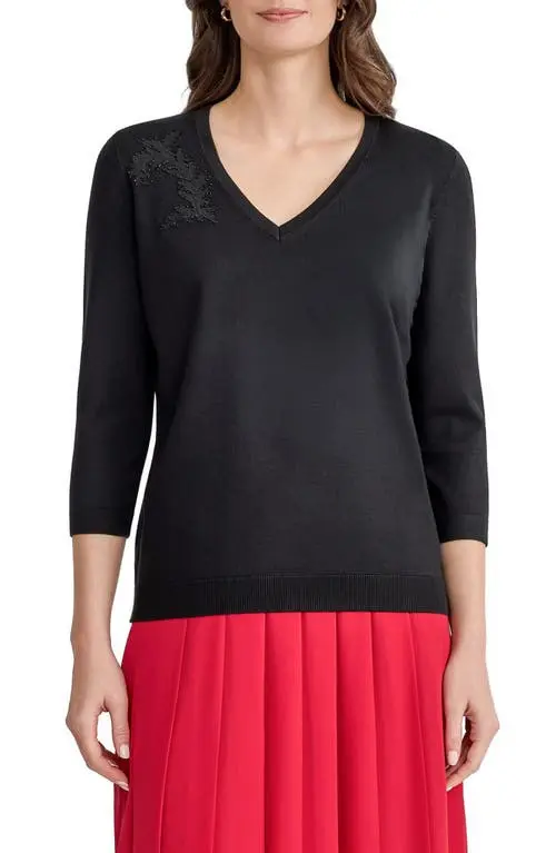 KASPER Embroidered V-neck Sweater - Black