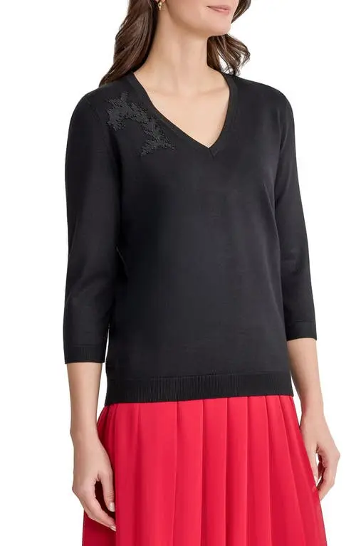 KASPER Embroidered V-neck Sweater