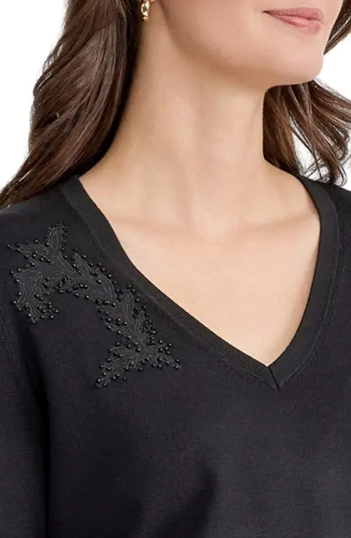 KASPER Embroidered V-neck Sweater
