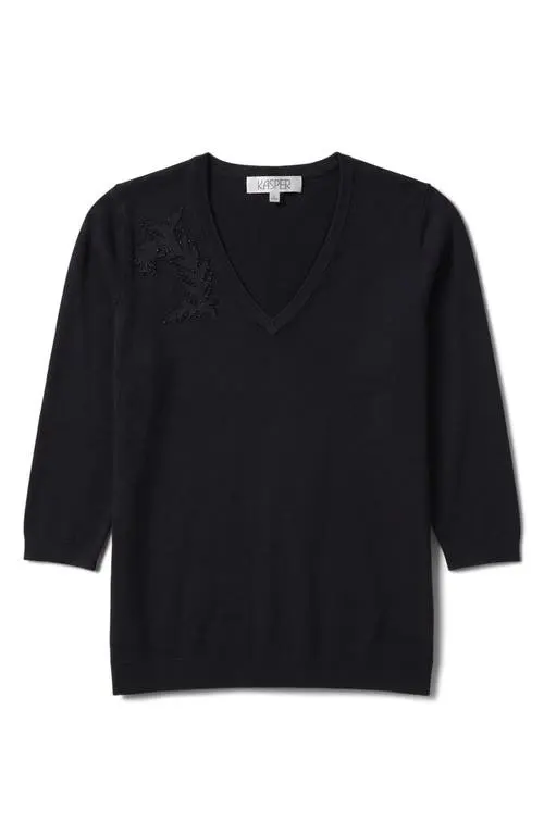 KASPER Embroidered V-neck Sweater