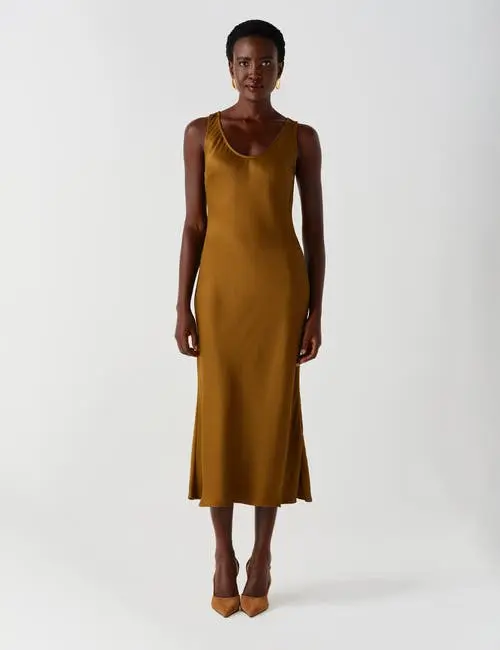 GHOST LONDON Palm Satin Sleeveless Slip Midi Dress - Moss