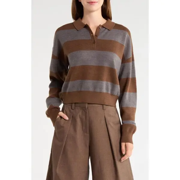 Sam Edelman Striped Wool Blend Polo Sweater - Walnut