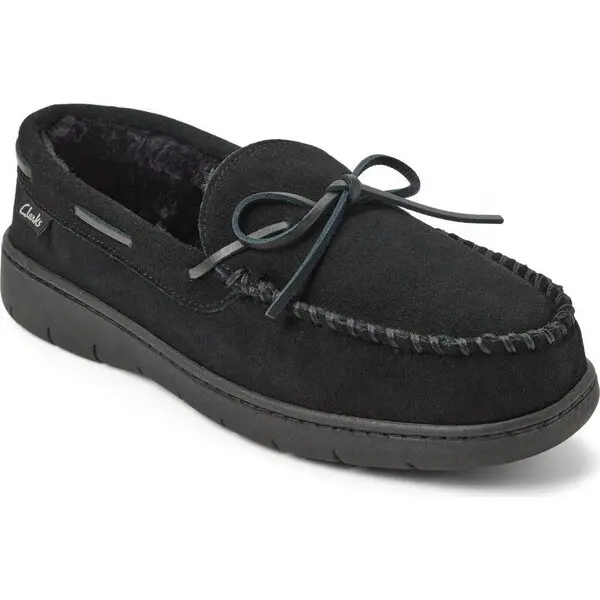 Clarks Genuine Cow Suede Moccasin With Leather Lacing And Tipped Faux Fur Slippers - Black