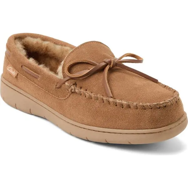 Clarks Genuine Cow Suede Moccasin With Leather Lacing And Tipped Faux Fur Slippers - Cinnamon