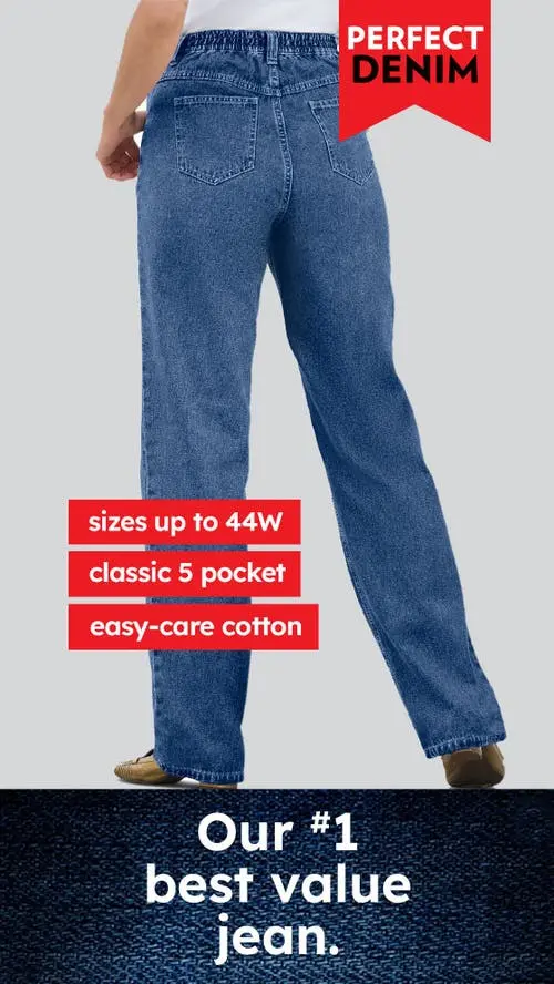 WOMAN WITHIN Perfect Back Elastic Gap Free Straight Leg Cotton Jeans - Navy