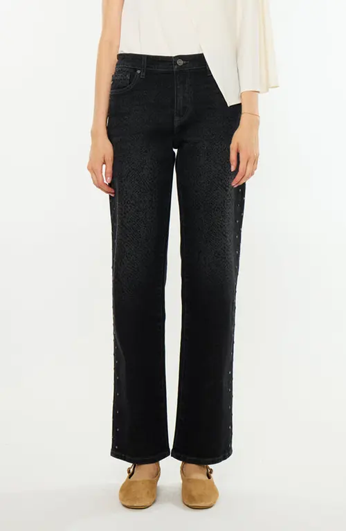 KANCAN Melanie Low Rise Baggy Straight Jeans - Black Leopard