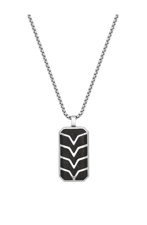 NIALAYA JEWELRY Forged Carbon Fiber Dog Tag Necklace With Chevron Detail - Silver/black