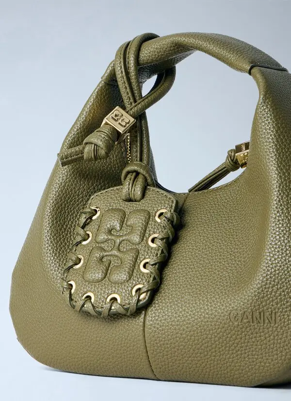 GANNI Hobo Mini Grained Handbag - Olive
