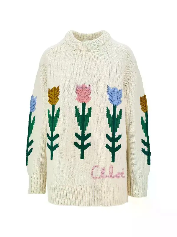 Chloé Oversized Logo Sweater In A Wool Knit - Neutrals