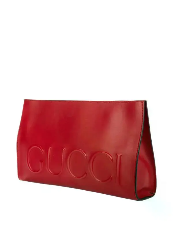 Gucci Logo Embossed Calf Leather Clutch Bag - Red