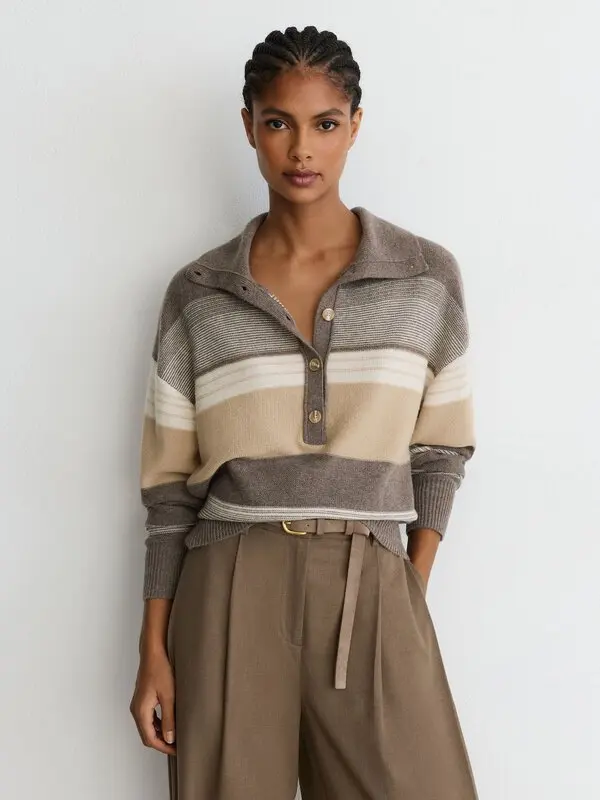 REISS Mabel Wool-cashmere Striped Half-button Jumper - Neutral