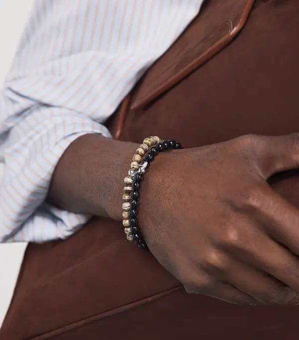 Tateossian Sterling Silver, Dinosaur Bone And Agate Gear Trio Bracelet