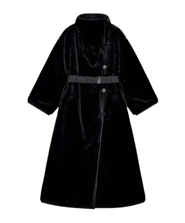 Emporio Armani Faux Fur Down Coat With High Collar And Waist Belt - Black
