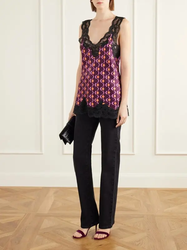 Rabanne Printed Lace-trimmed Silk-satin Cami