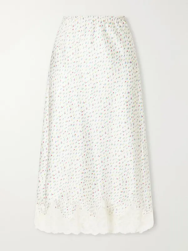 Rabanne Floral-print Lace-trimmed Silk-satin Midi Skirt - Multi