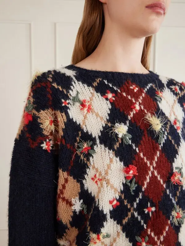 Khaite Timi Argyle-intarsia Floral-embroidered Cashmere And Mohair-blend Sweater
