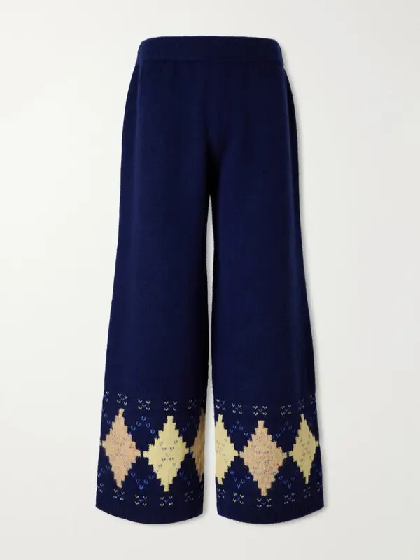 Calle Del Mar Argyle Cashmere Wide-leg Pants