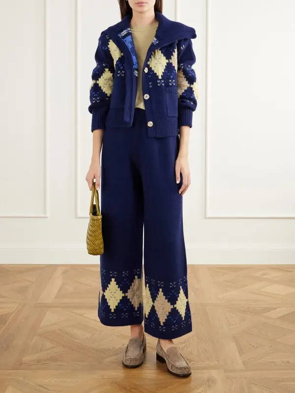 Calle Del Mar Argyle Cashmere Wide-leg Pants
