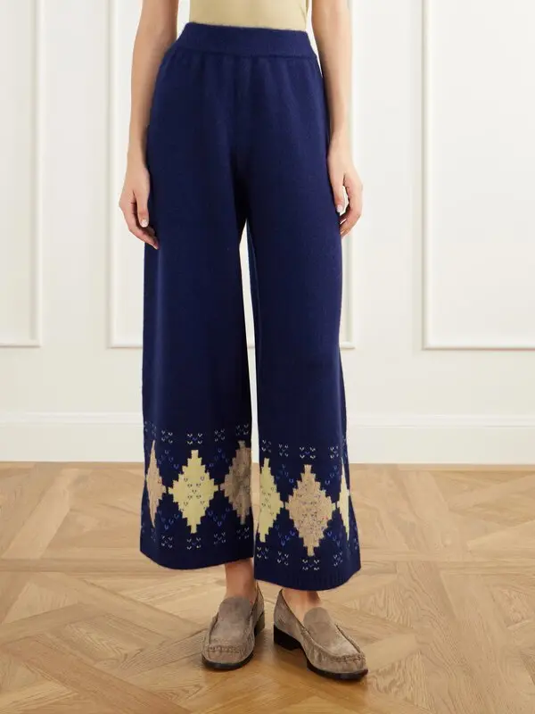 Calle Del Mar Argyle Cashmere Wide-leg Pants